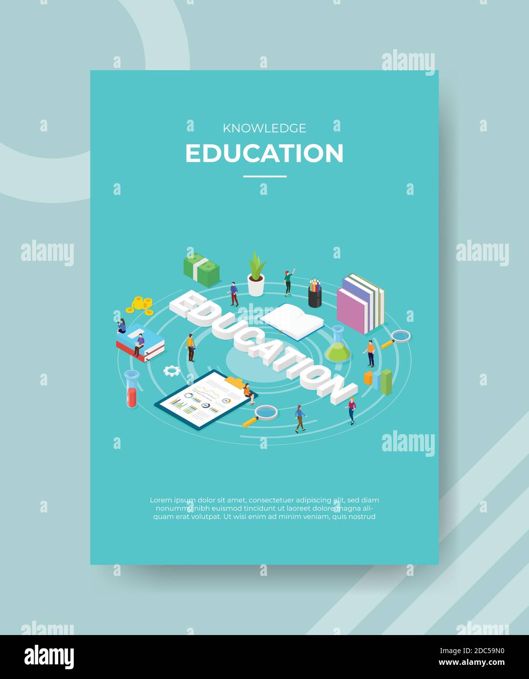 knowledge education people standing around chart board stack book ...