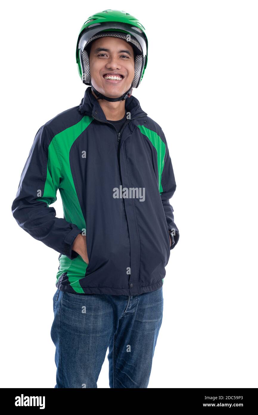 uber rider with helmet and jacket smiling to camera isolated over white ...