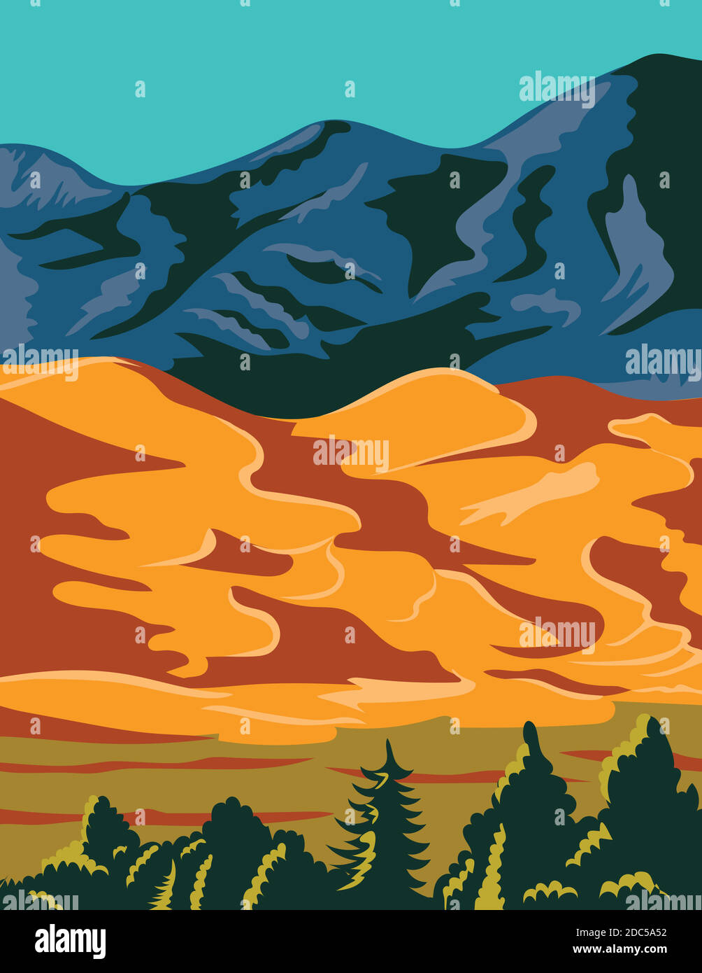 WPA poster art of Great Sand Dunes National Park and Preserve with huge ...
