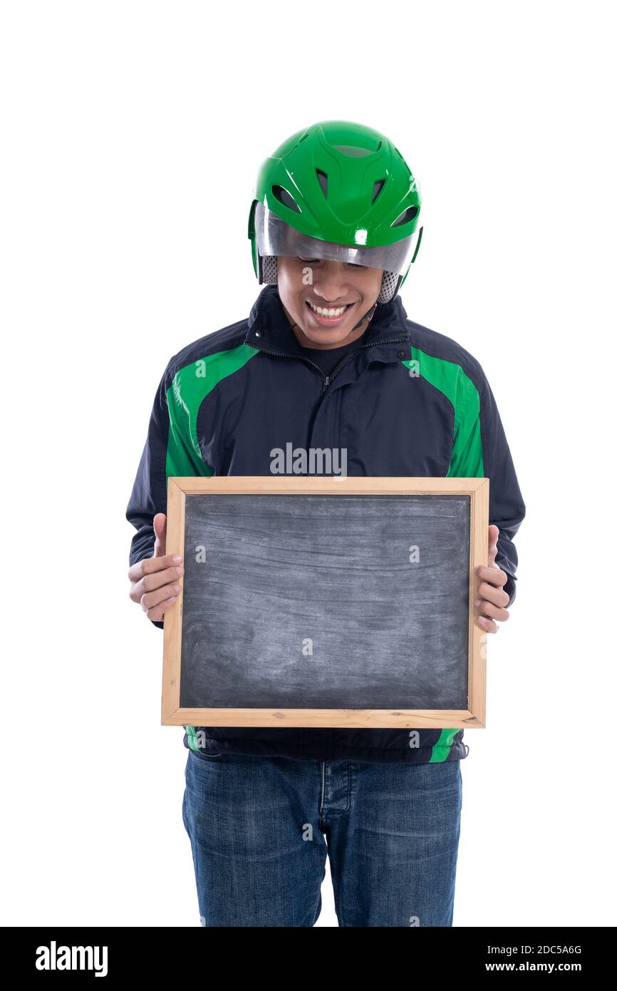 uber driver or commercial motorbike taxi rider holding blank board and ...