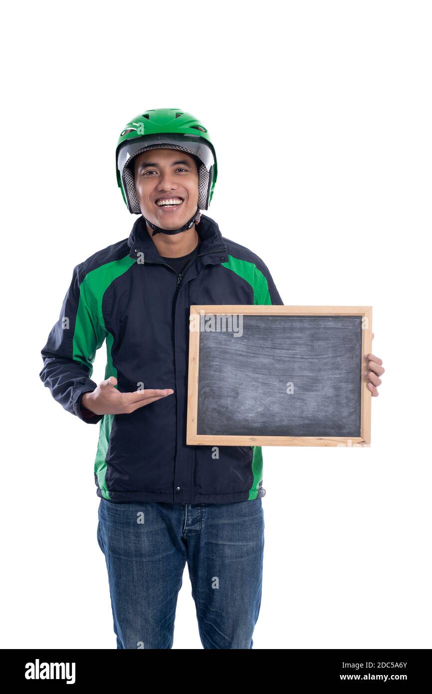 uber driver or commercial motorbike taxi rider holding blank board and ...