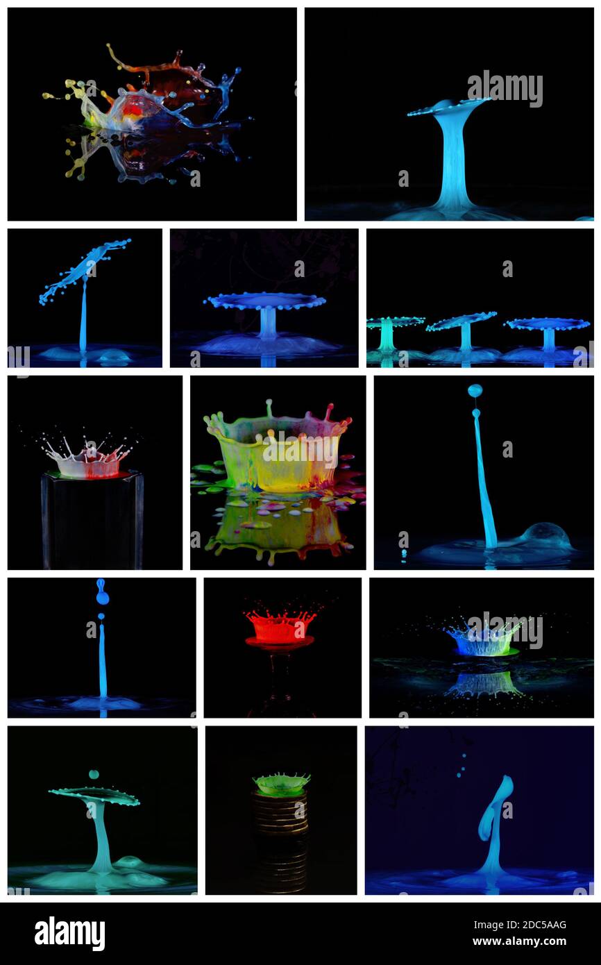 Collage of water drop images forming spouts, crowns, umbrellas and ...