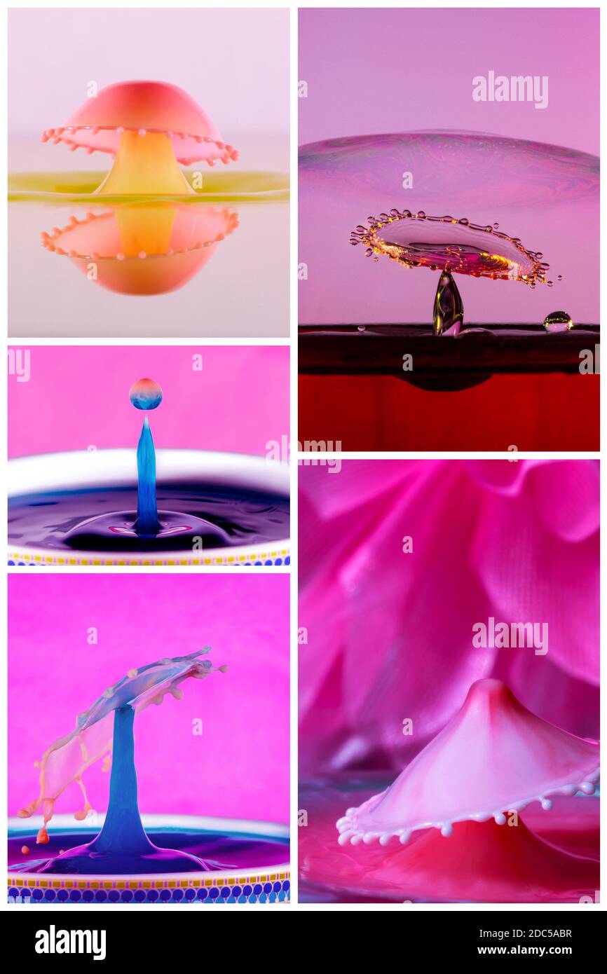 Collage of water drop splashes forming shapes including umbrellas and ...