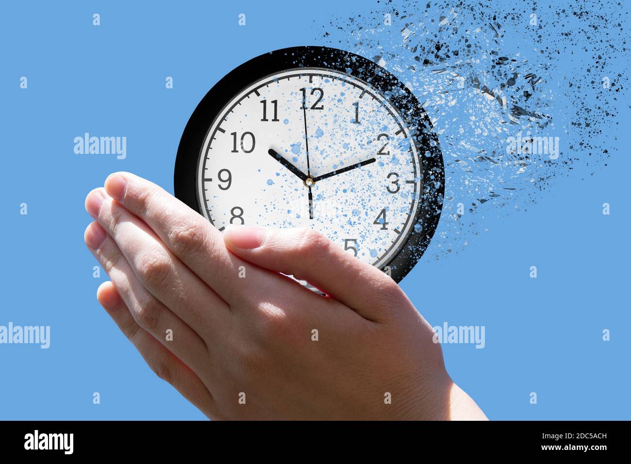 End of time or flight of time concept. Female hand closes the classic ...