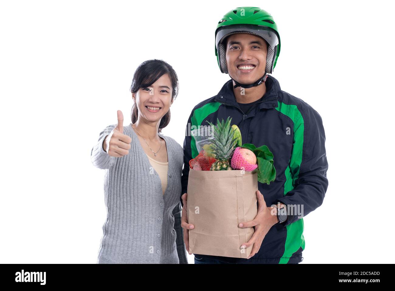 online grocery shopping. delivery man deliver food order to customer ...