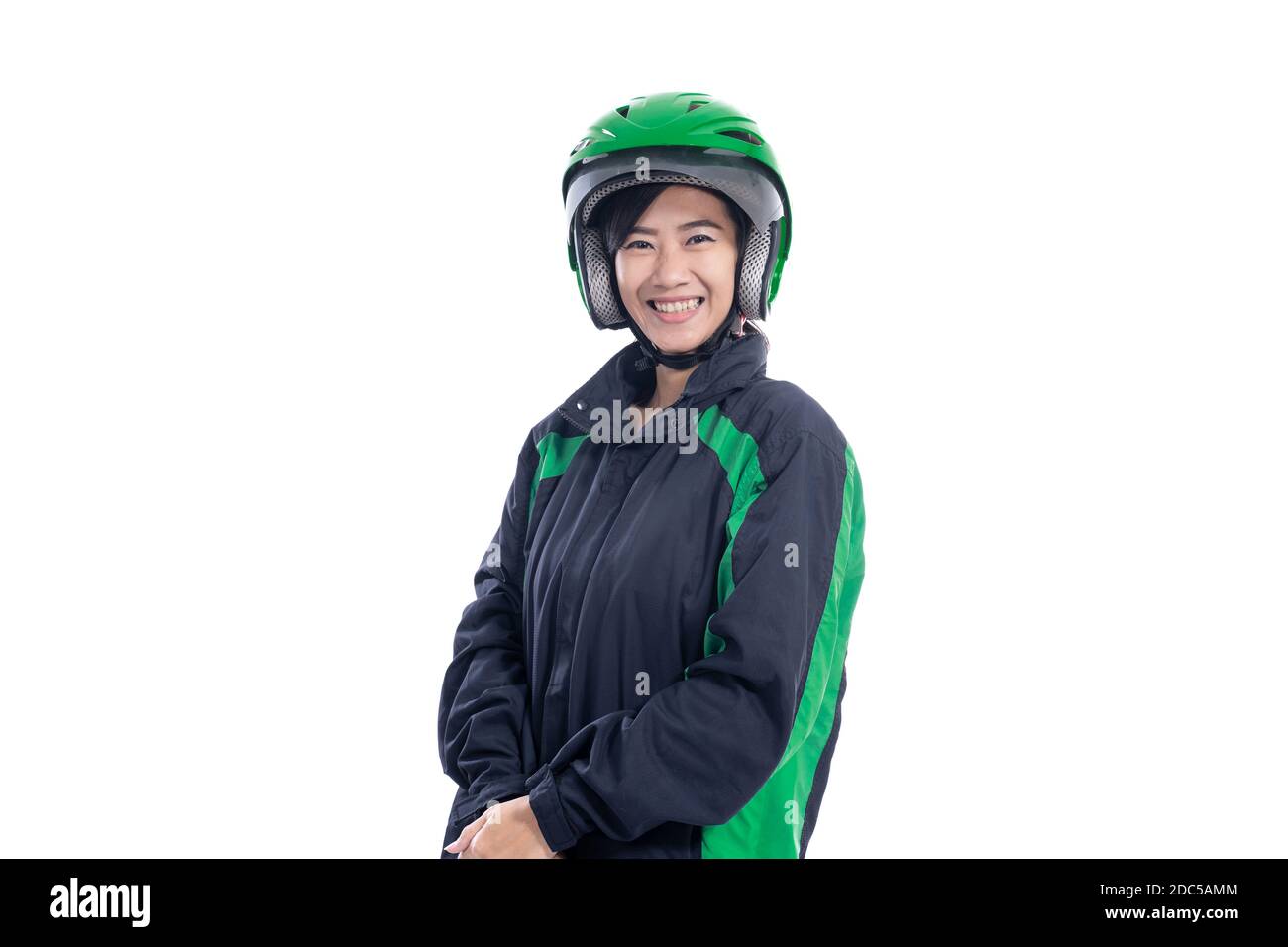 portrait of female taxi uber driver with helmet isolated over white ...