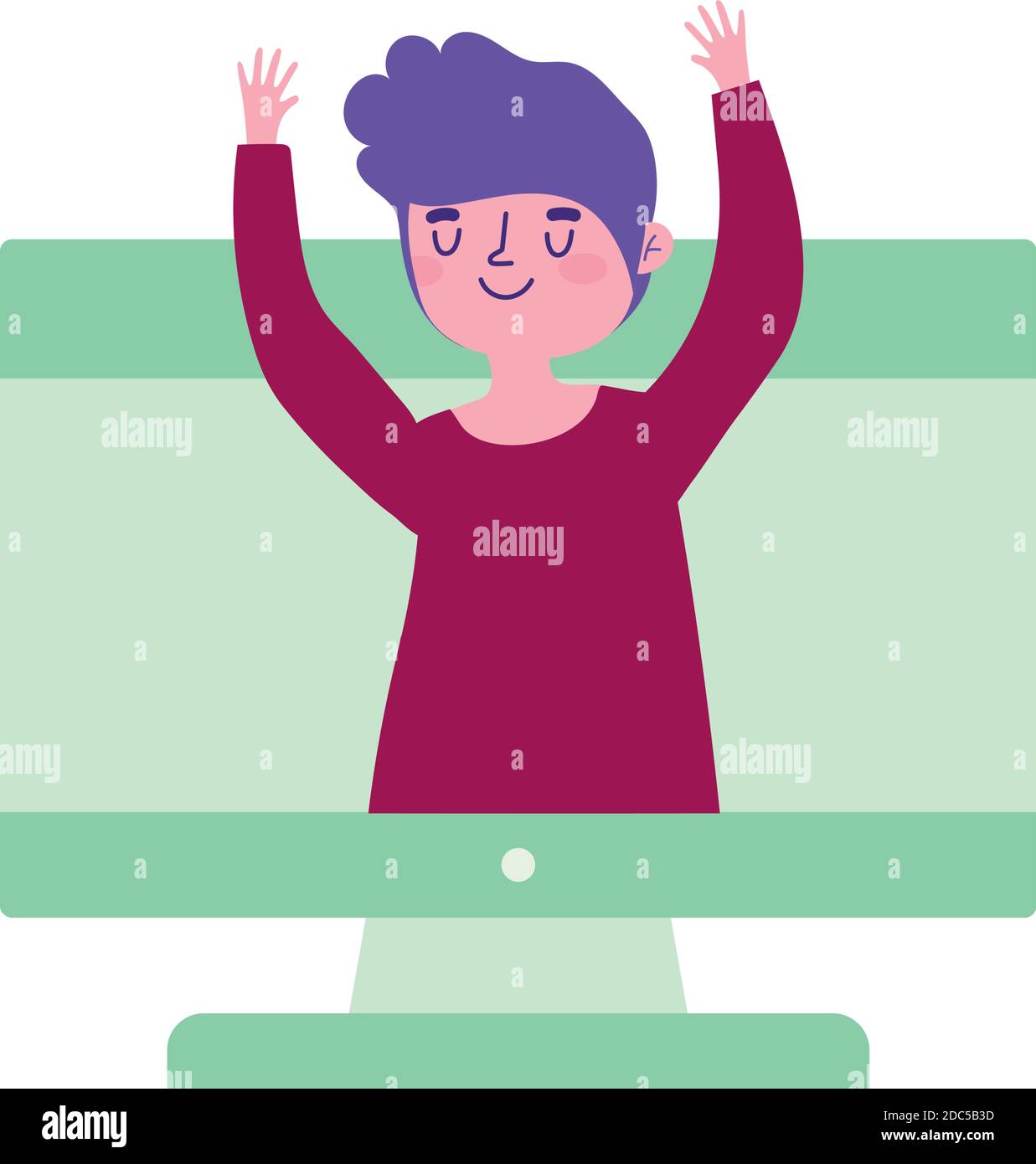 online party, boy in video computer celebration vector illustration ...