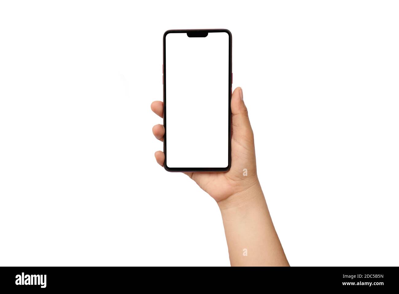 Man hand holding a black smartphone and white screen isolated on white ...