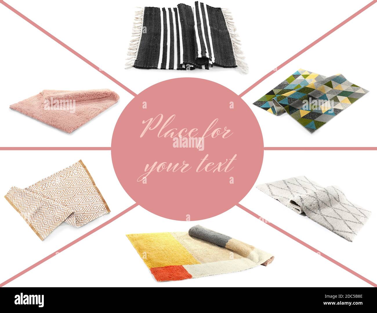 Collage with different stylish carpets and place for text on white ...