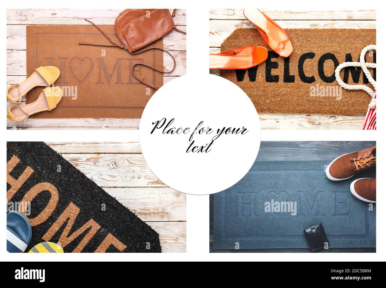 Collage with different stylish door mats and place for text on white ...