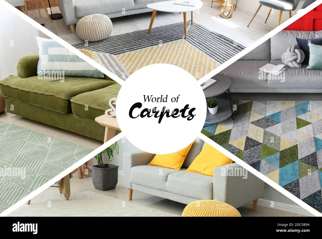 Collage of different interiors of living rooms with soft carpets Stock ...