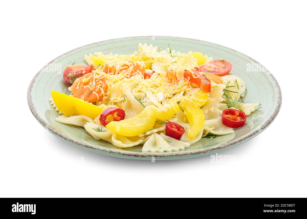 Plate with tasty pasta primavera on white background Stock Photo - Alamy