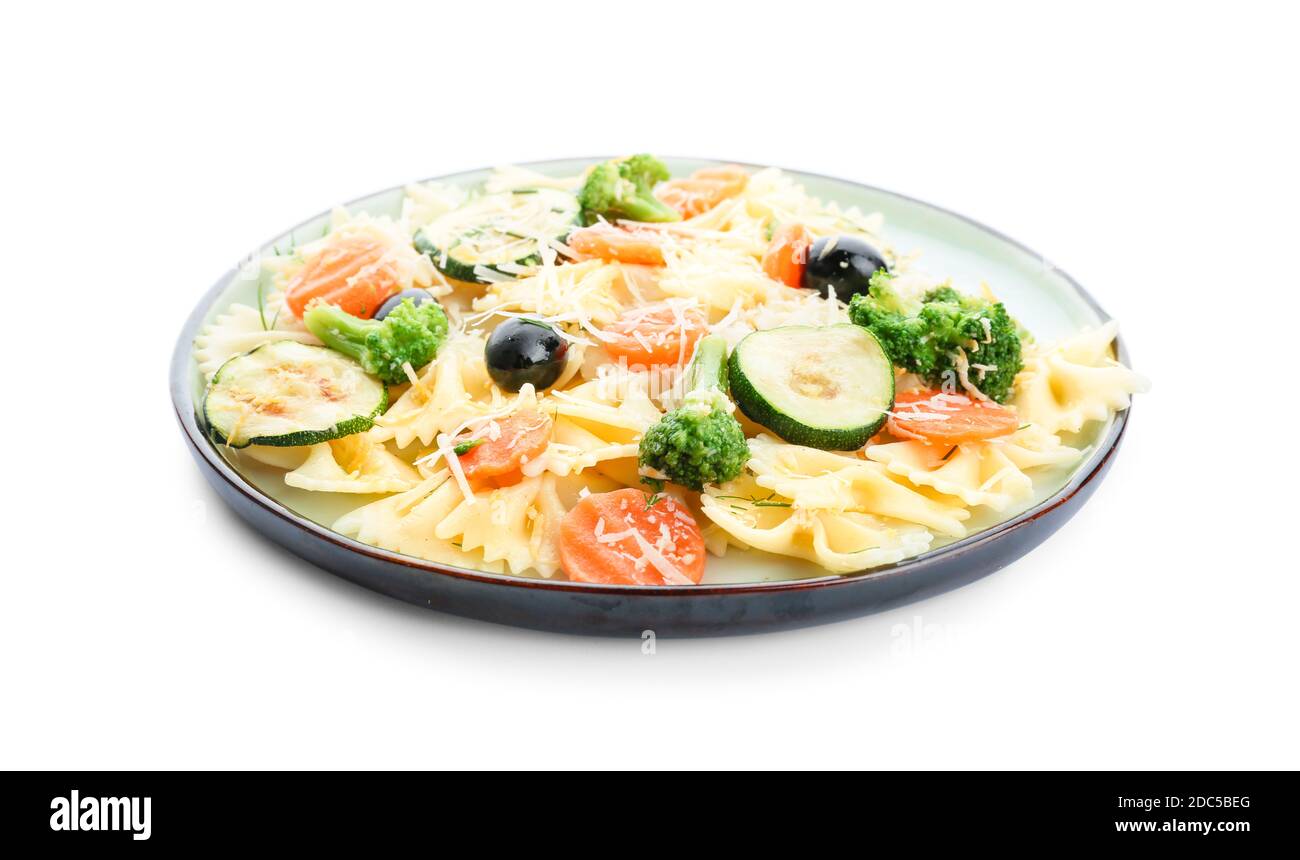 Plate with tasty pasta primavera on white background Stock Photo - Alamy