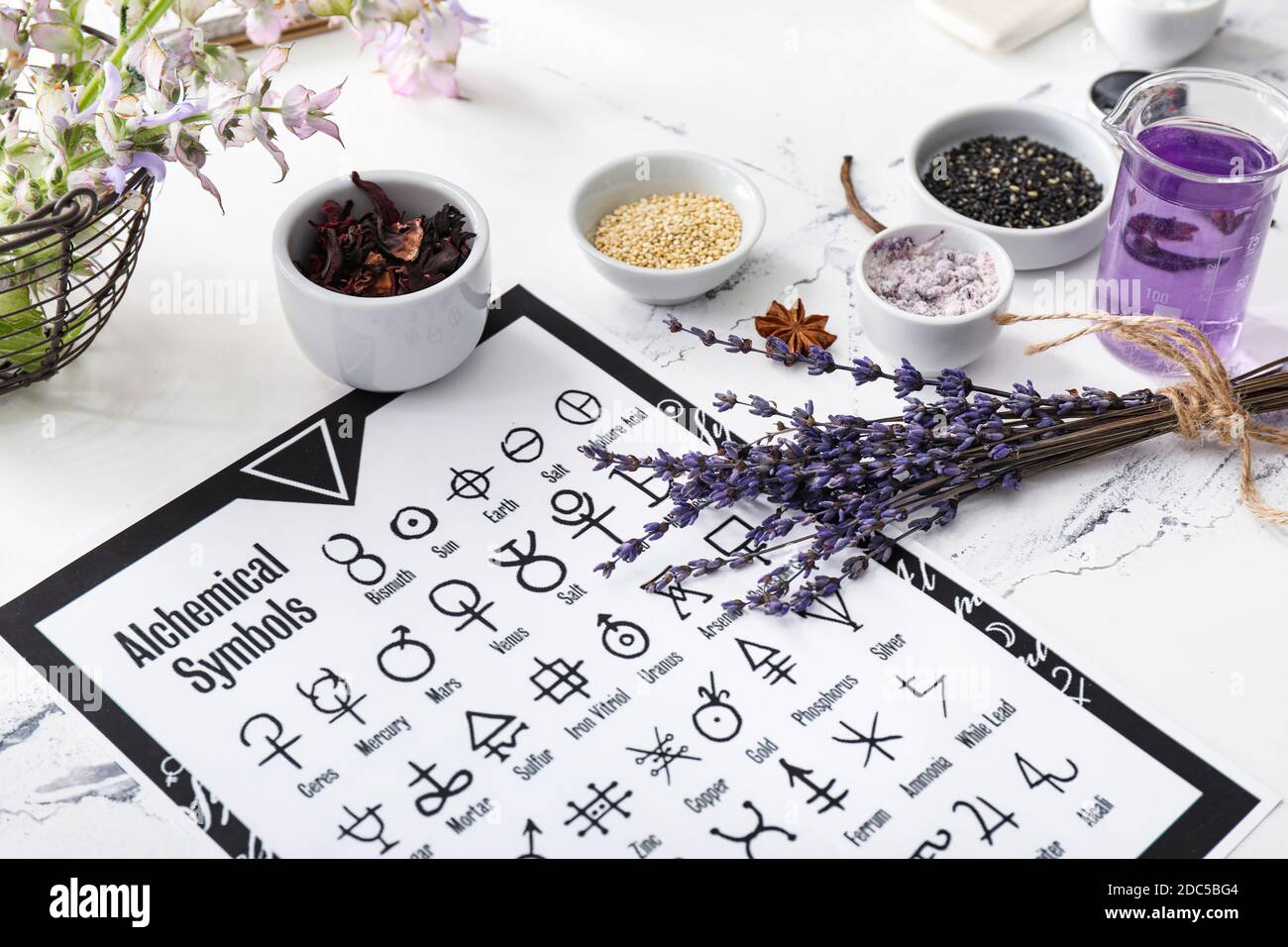 Alchemical symbols and ingredients for preparing potions on white ...