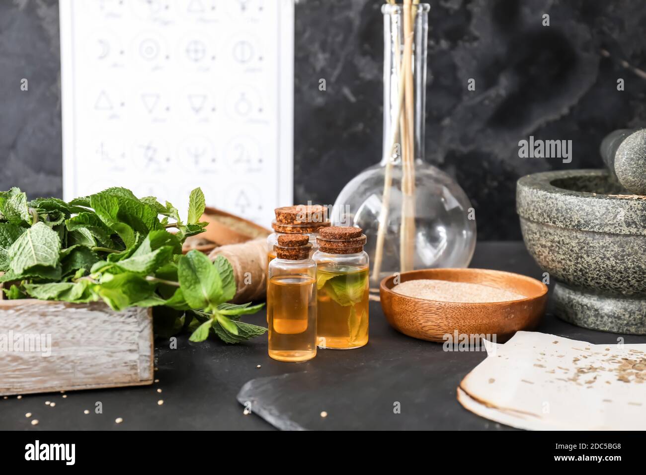 Ingredients for preparing potions on alchemist's table Stock Photo - Alamy
