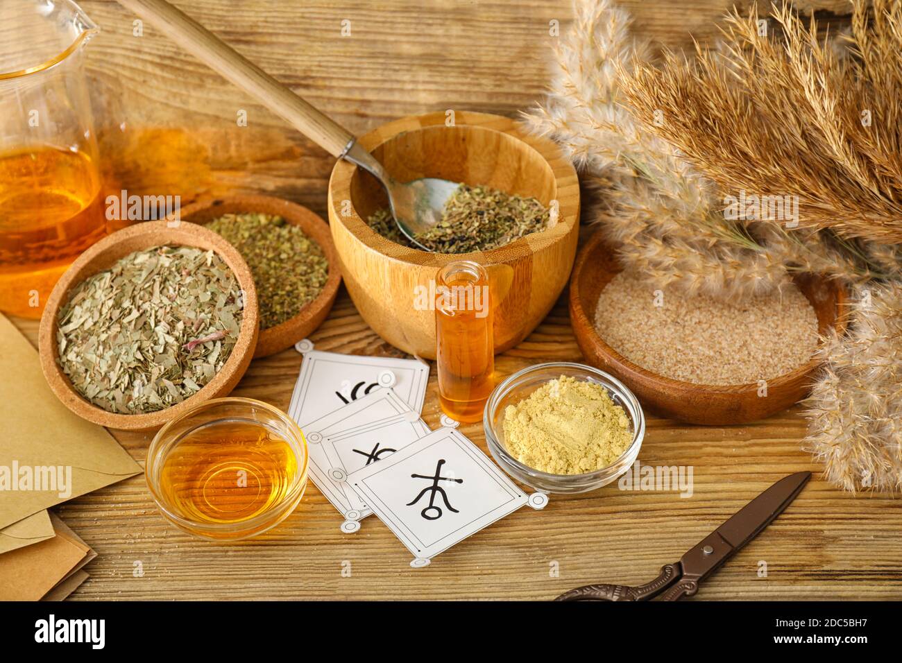 Ingredients for preparing potions on alchemist's table Stock Photo - Alamy