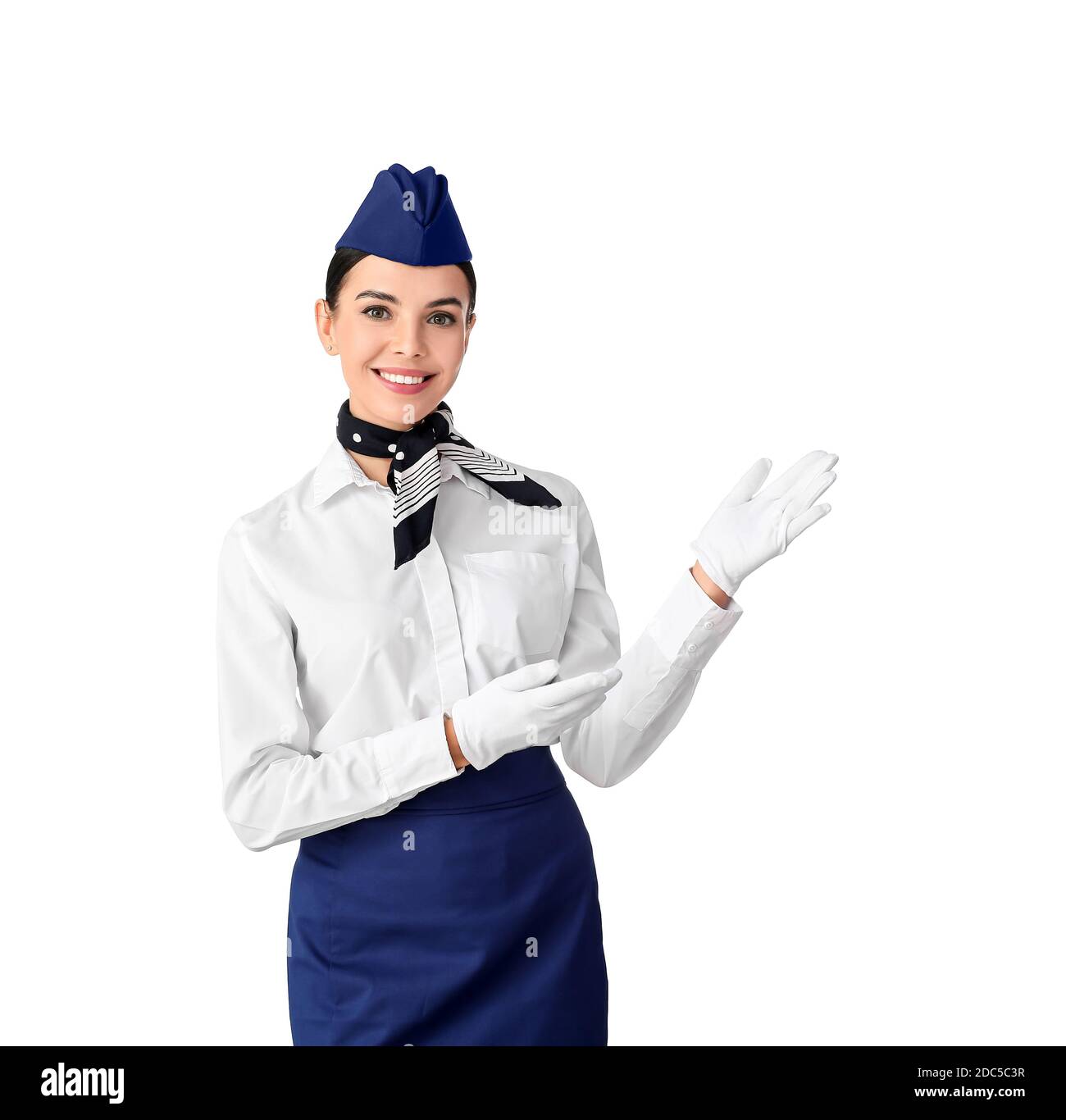 Beautiful stewardess showing something on white background Stock Photo ...