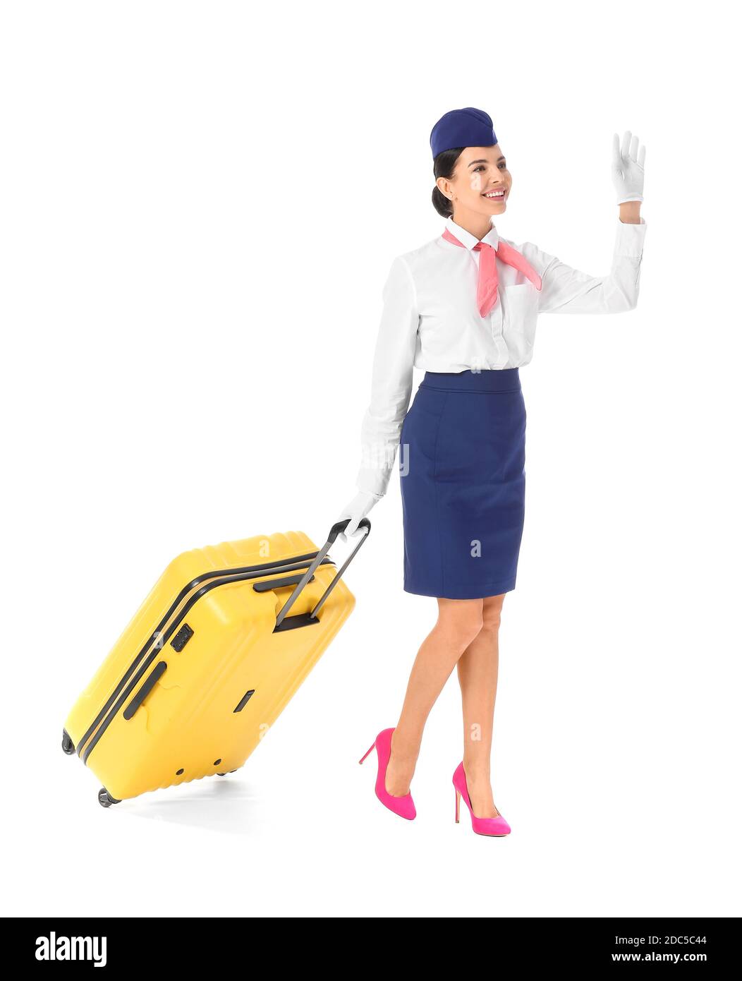 Beautiful stewardess with luggage on white background Stock Photo - Alamy