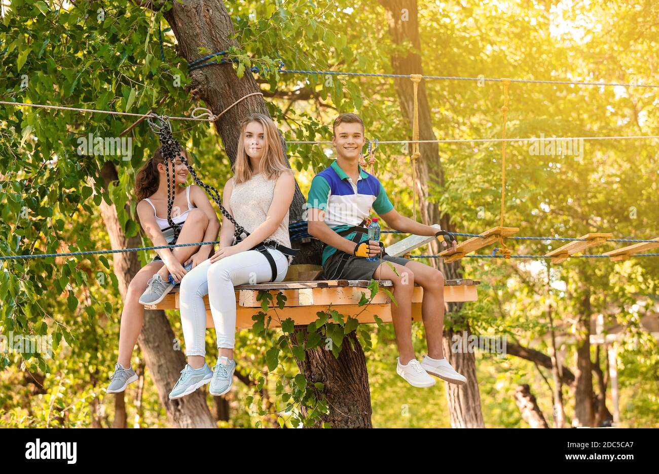 Teenagers climbing in adventure park Stock Photo - Alamy