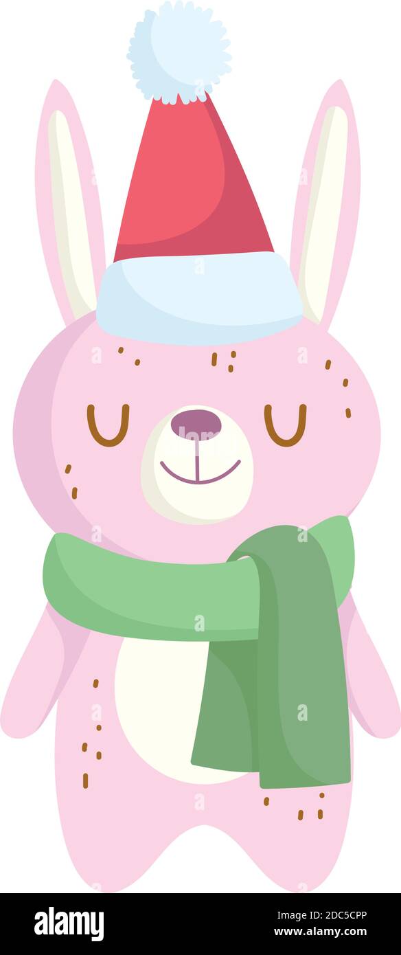merry christmas, cute rabbit with hat celebration icon isolation vector ...