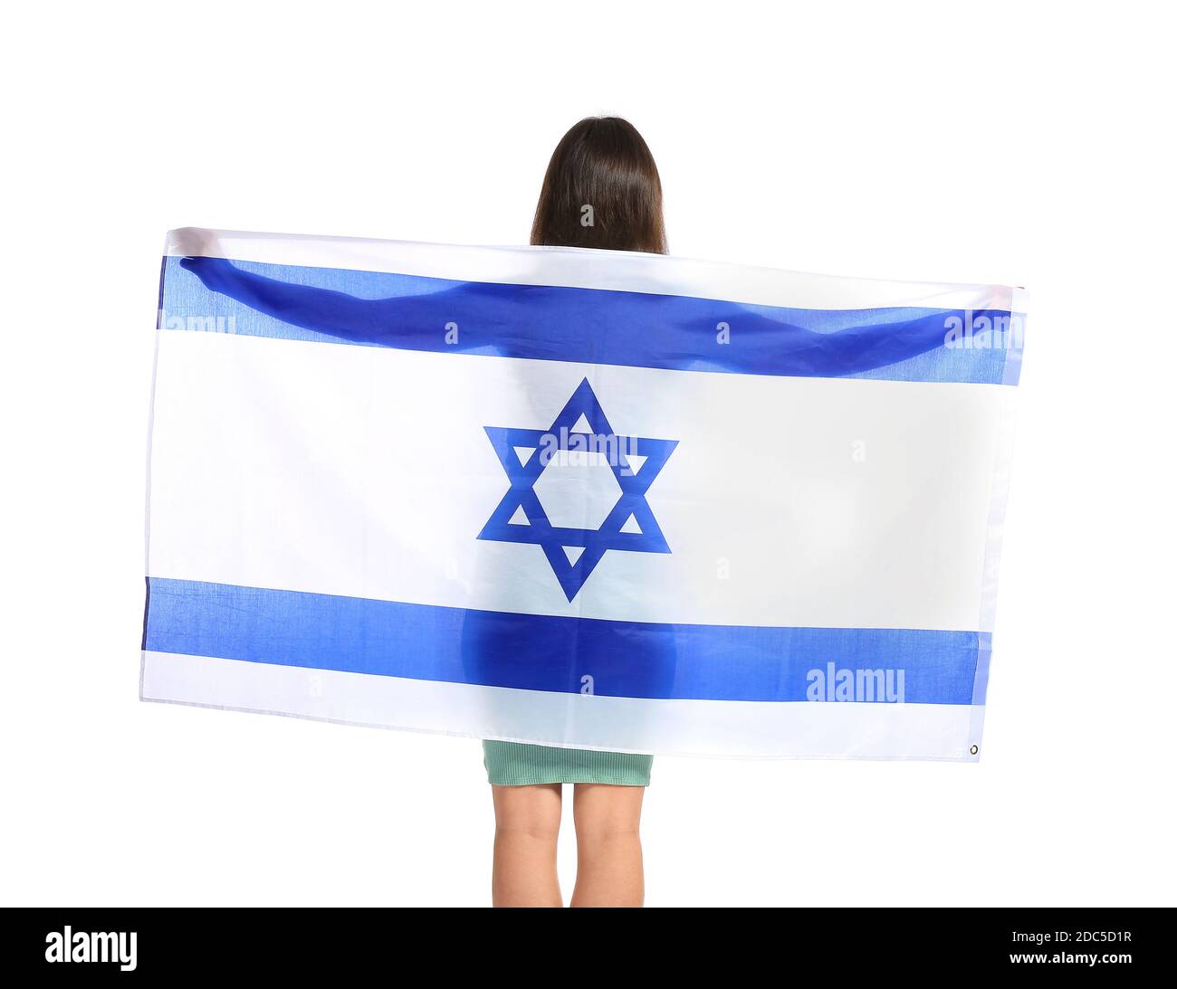 Young woman with the flag of Israel on white background Stock Photo - Alamy