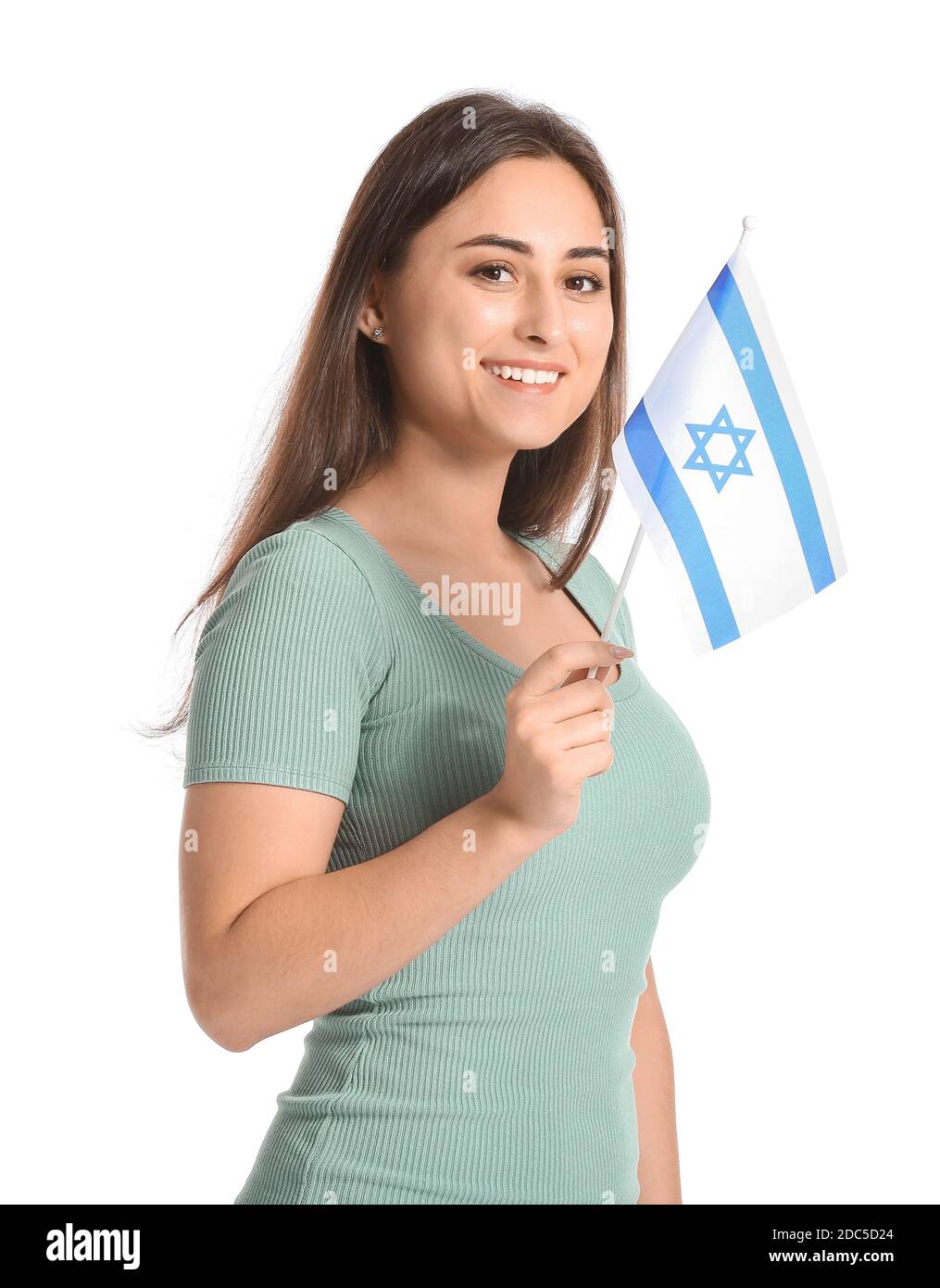 Young woman with the flag of Israel on white background Stock Photo - Alamy