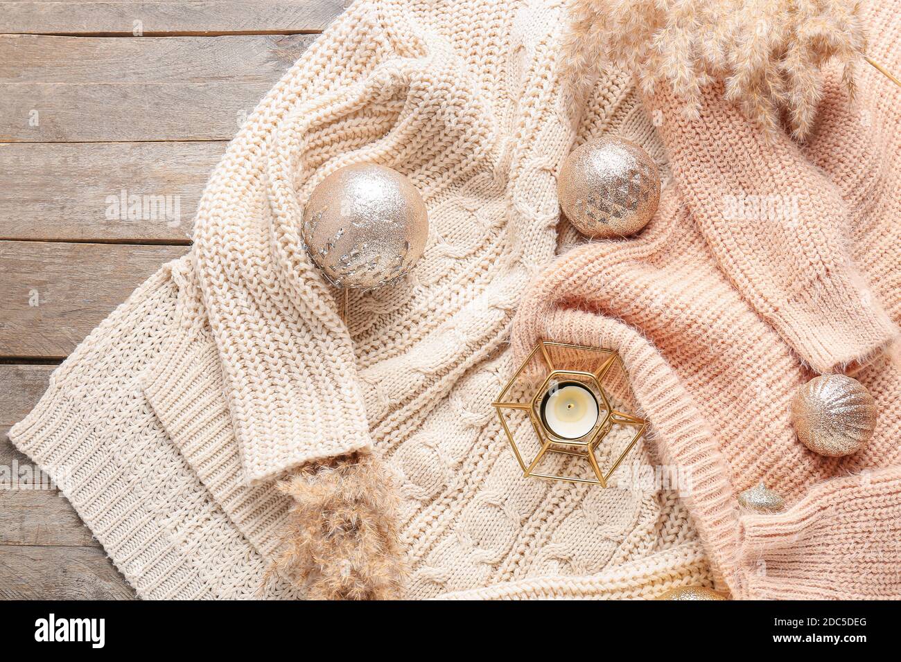 Christmas composition with stylish clothes on wooden background Stock ...
