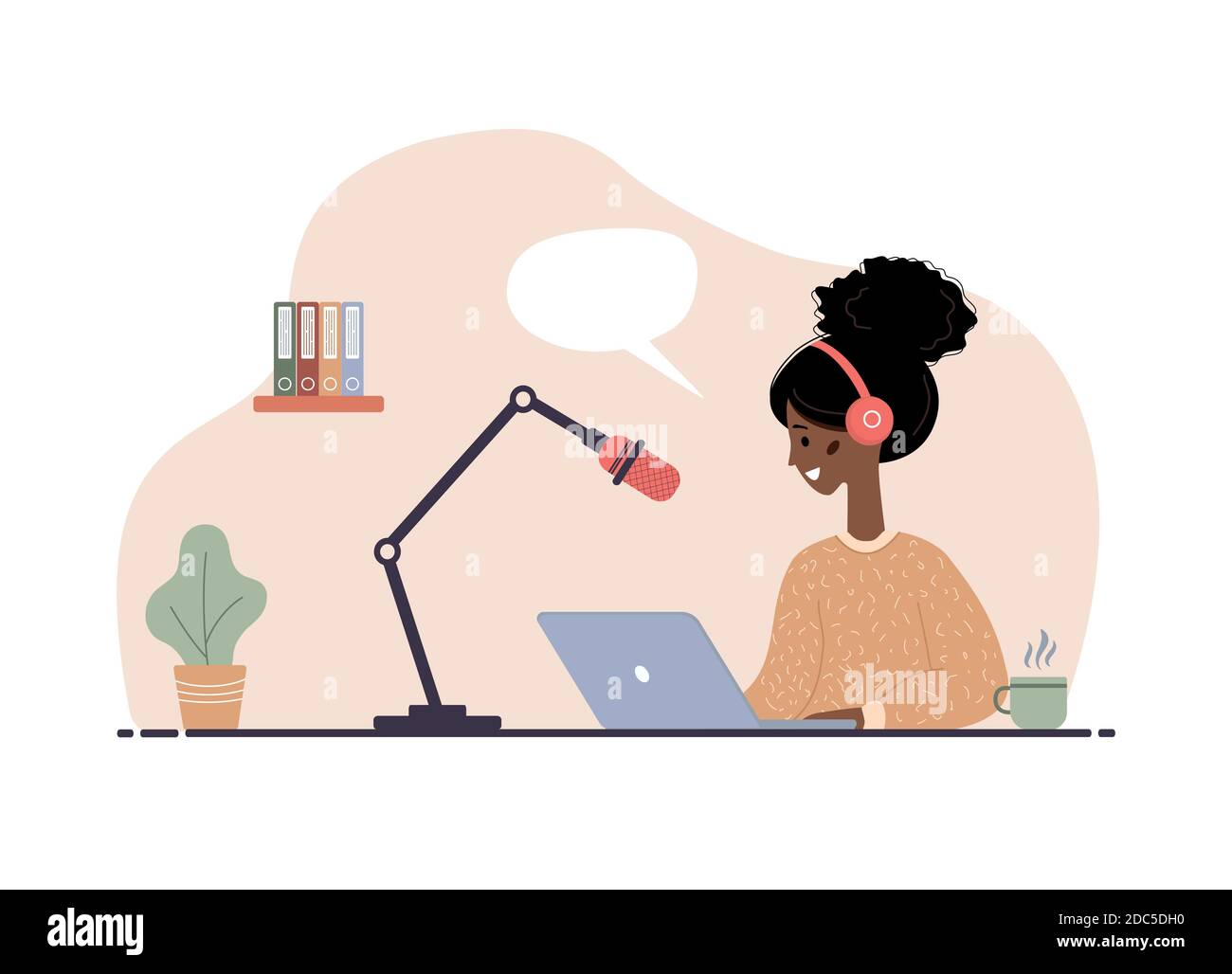 Flat vector illustration of podcast. African woman in headphones at ...