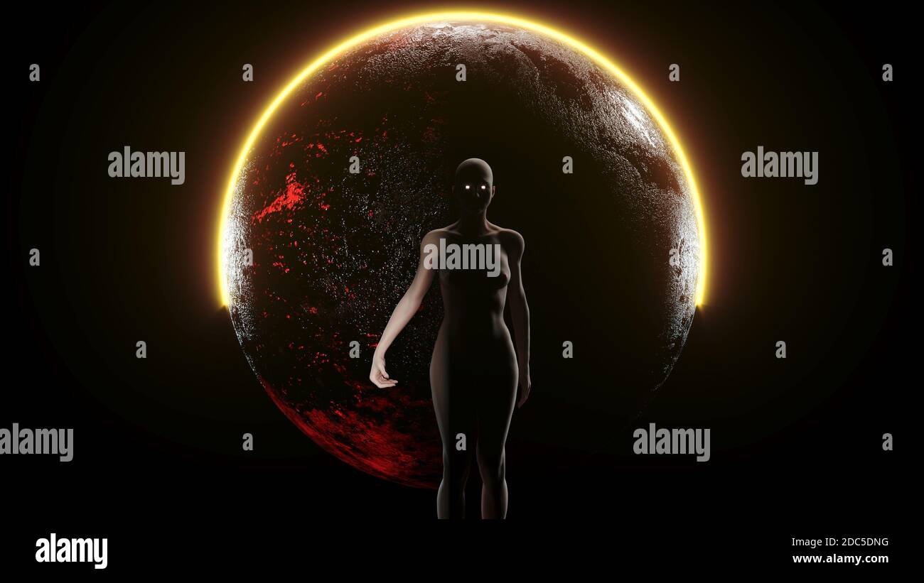 Girl on the background of a fiery earth in space, aliens 3d Render ...