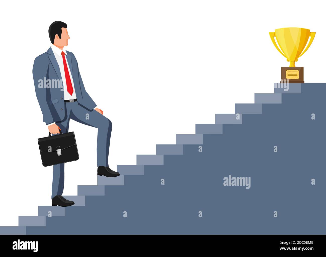 Businessman and gold trophy on ladder of success. Award, victory, goal ...
