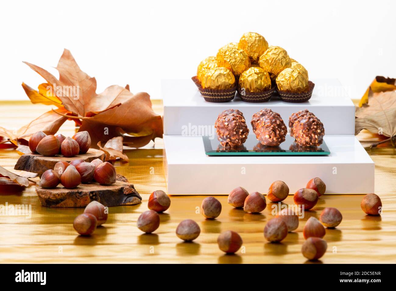Beautiful arrangement of tempting chocolate and hazelnut sweets with ...