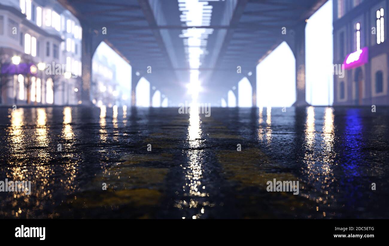 Asphalt at night. Puddle and light spot on the night road 3d render ...