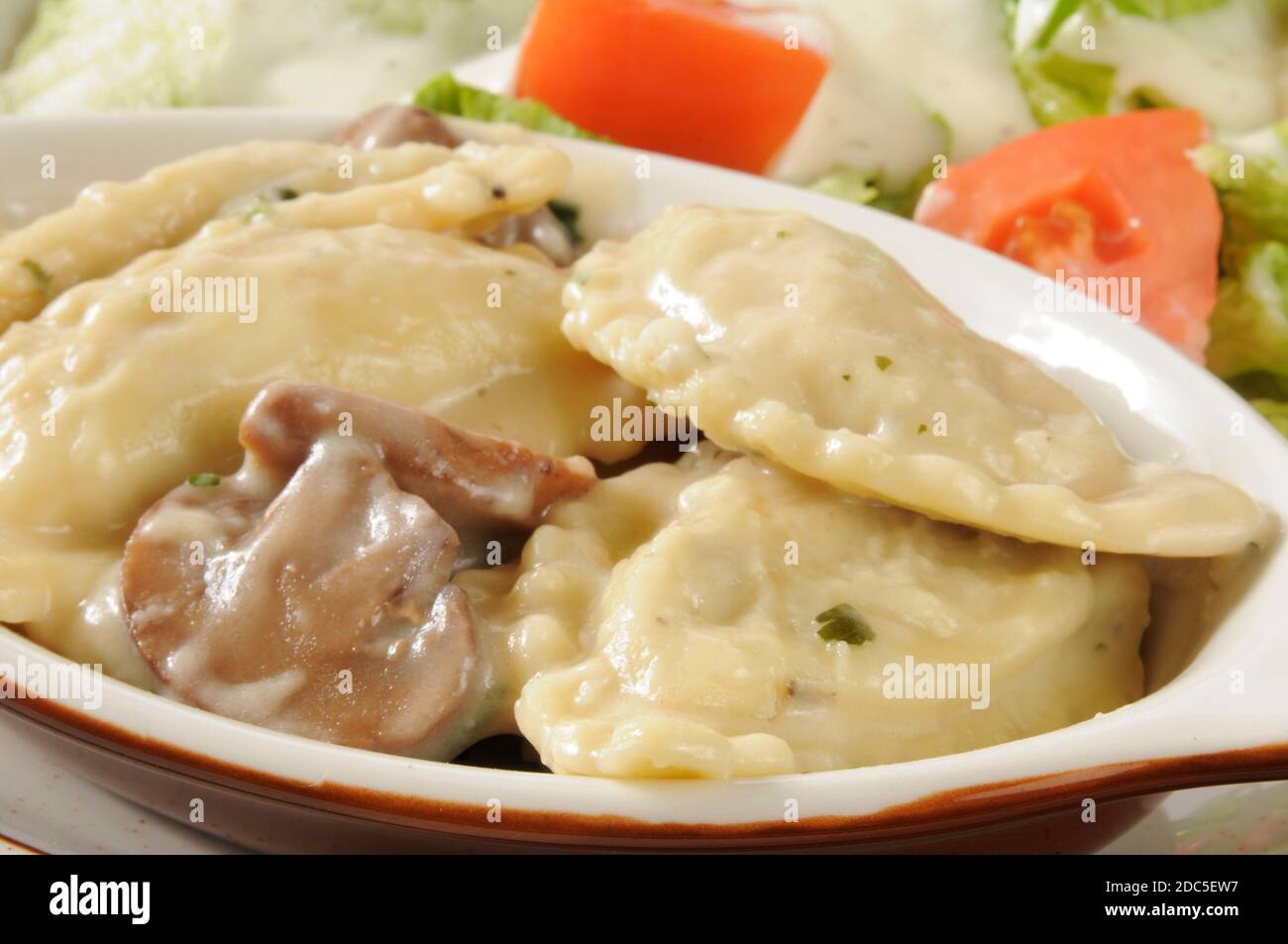 Closeup of chicken and portabella mushroom ravioli Stock Photo - Alamy