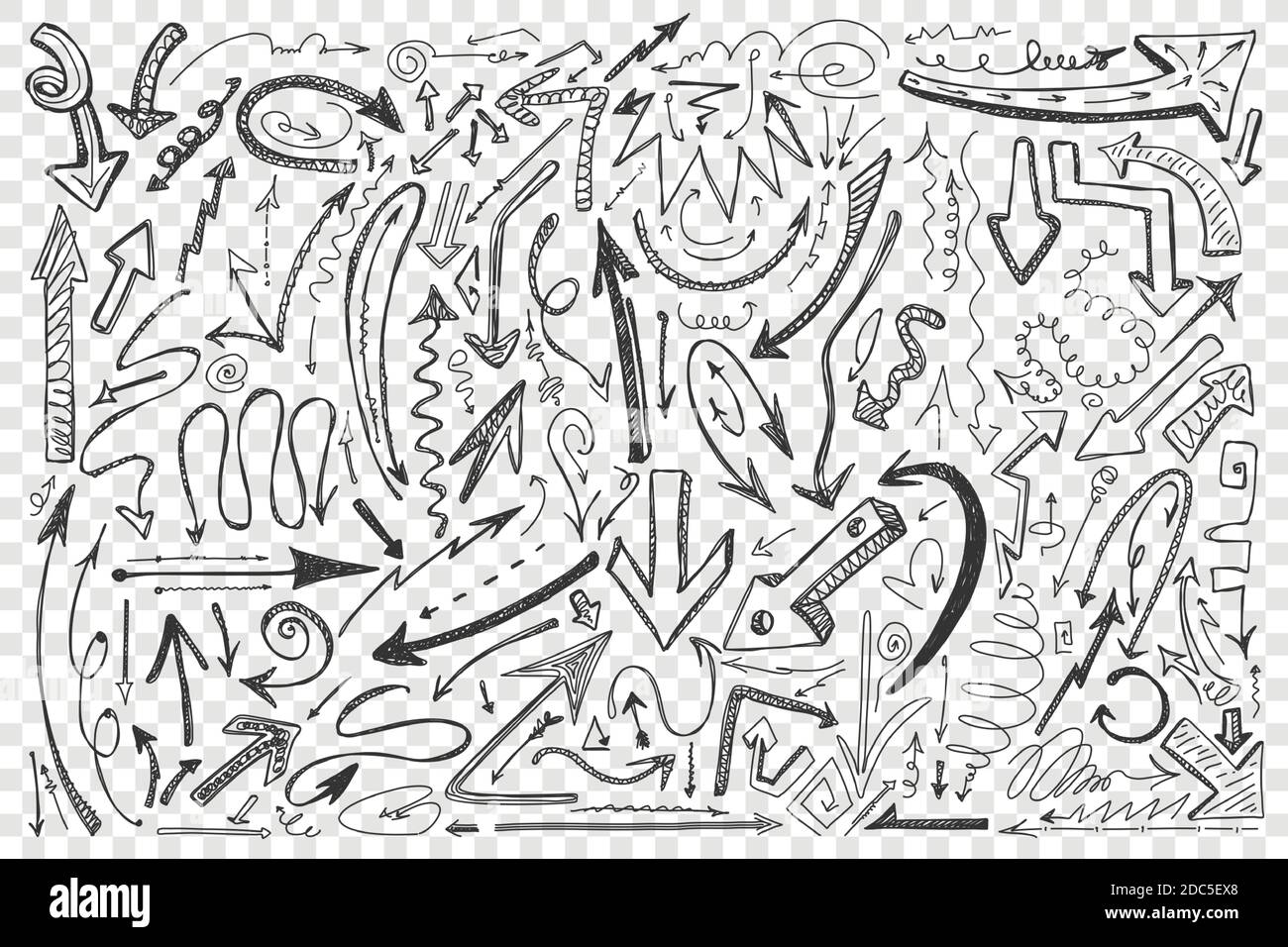 Arrows doodle set. Collection of different shape round twisted hand ...