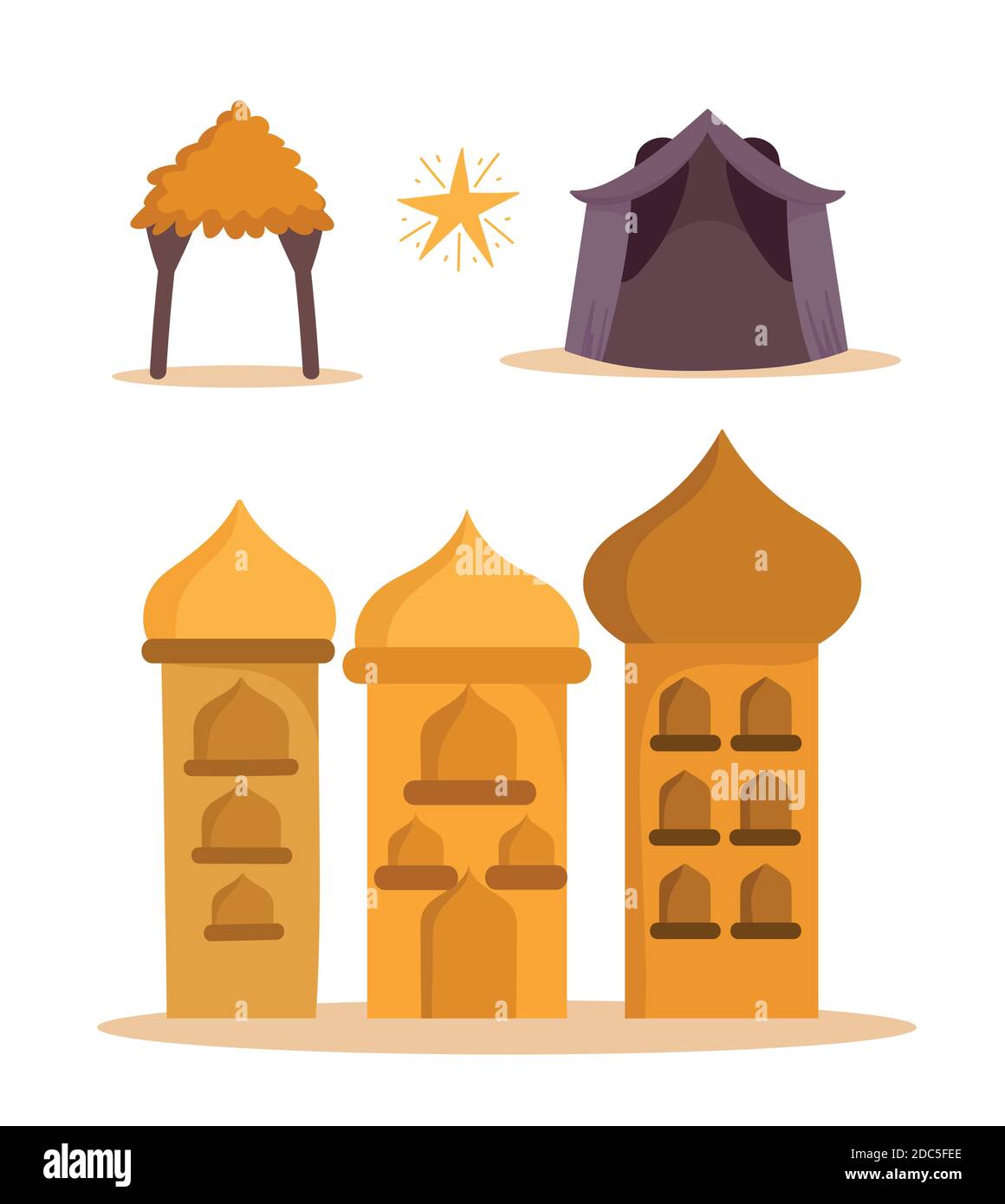 cartoon arabian castle towers hut and star icons vector illustration ...