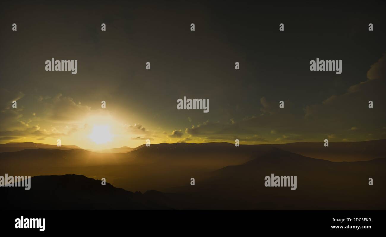Sunrise over the mountains landscape sky 3D Render. Sand dune with ...