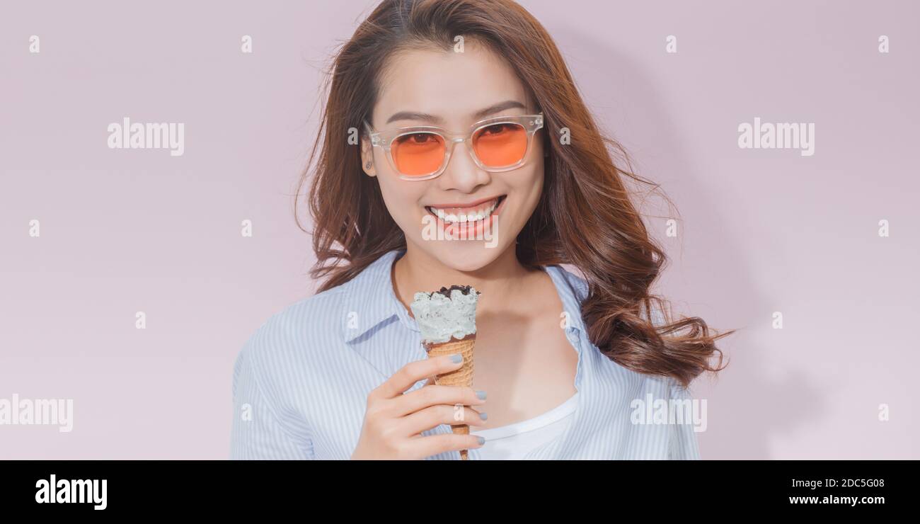 Ice cream woman singing in cone like in microphone happy, joyful and ...