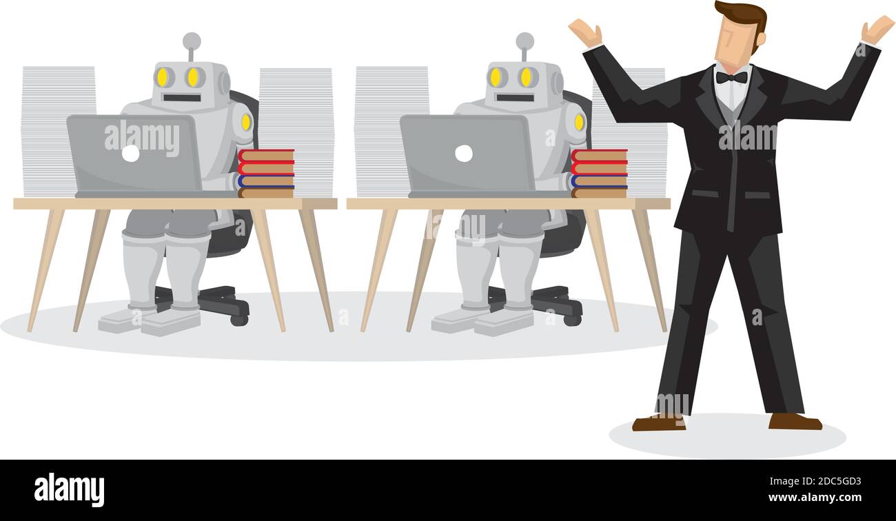 Boss replacing human workers with robots for productivity. Depicts the ...
