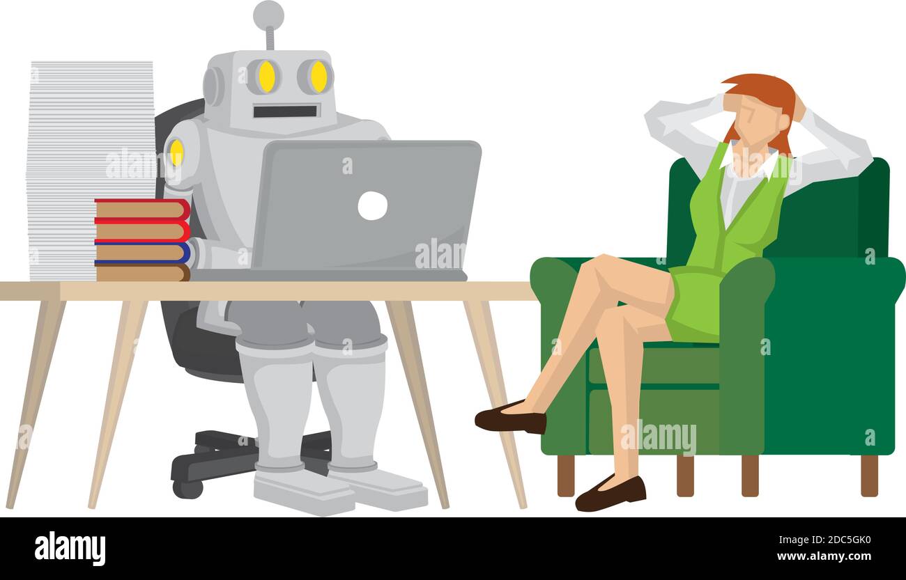 Robot helping female office worker doing her job so she can have a rest ...