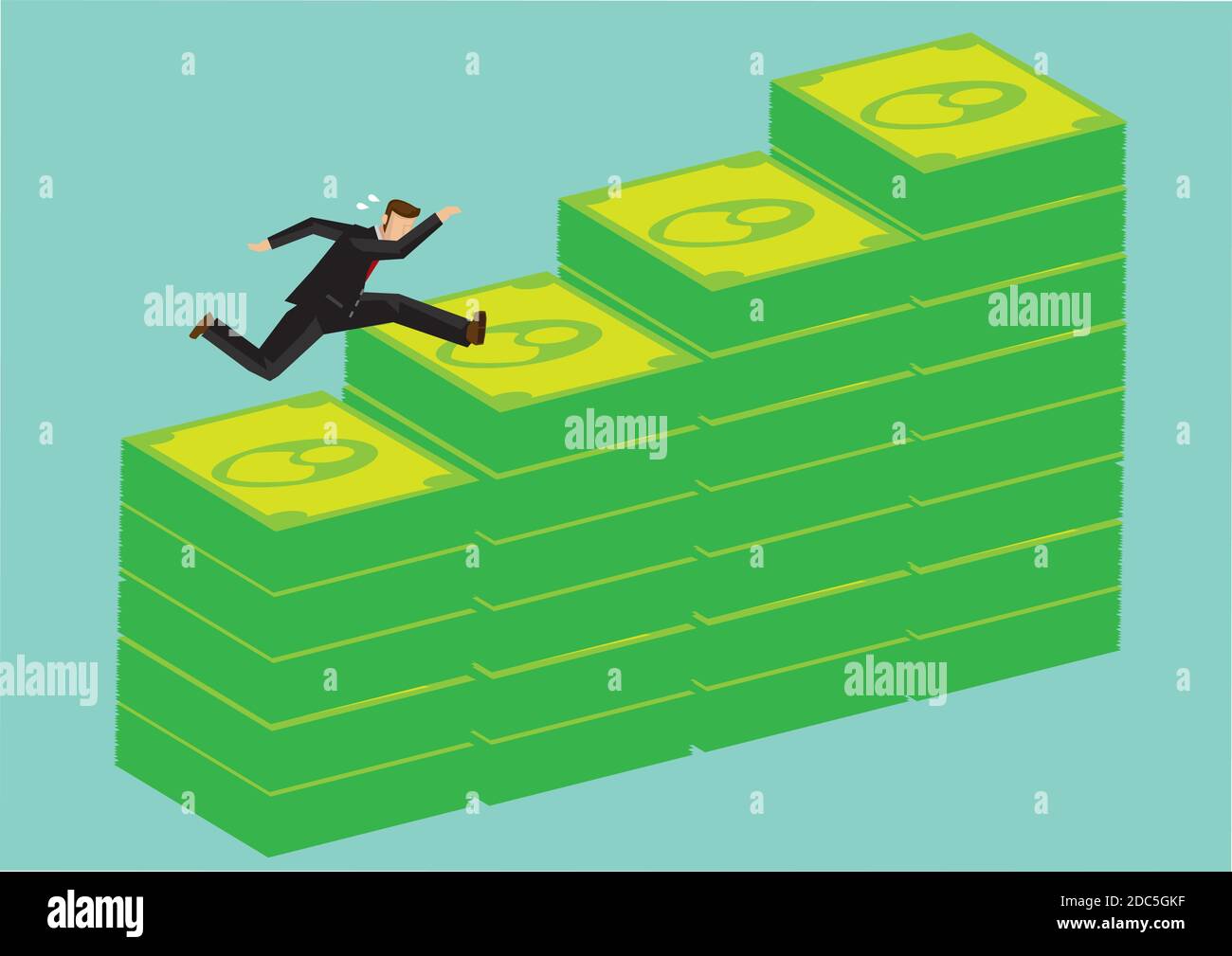 Businessman jumping over stacks of money. Concept of asset management ...