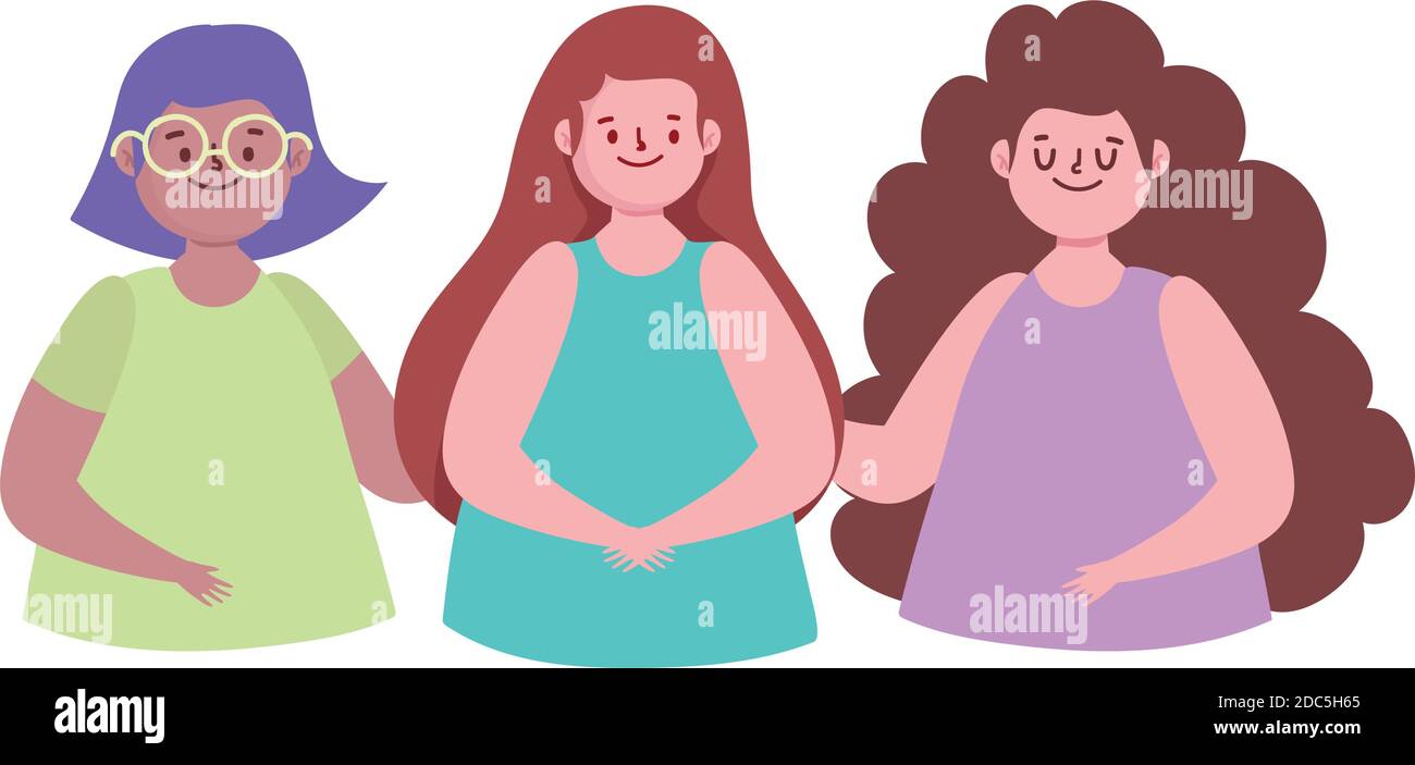 group young women cartoon portrait isolated white background vector ...