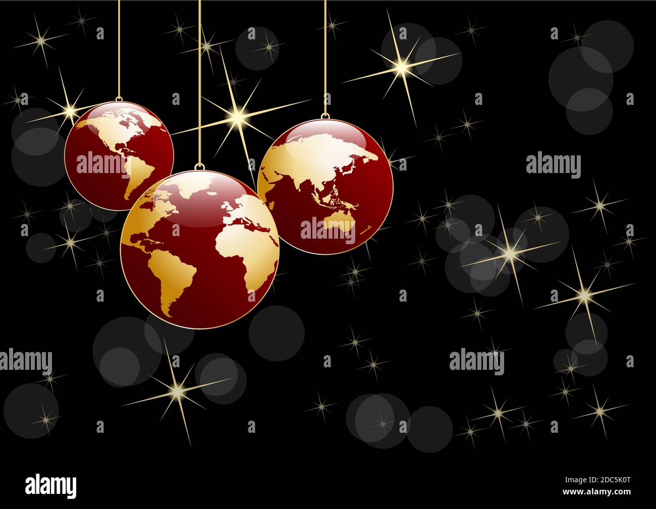 Christmas tree, vector postcard in black. Balls in the shape of planet ...