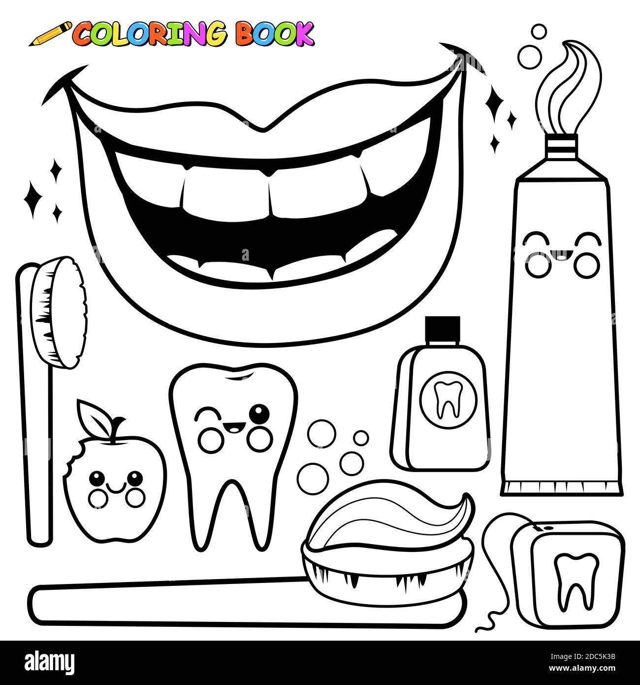 Set of dental hygiene objects. Toothbrush, toothpaste and dental floss ...