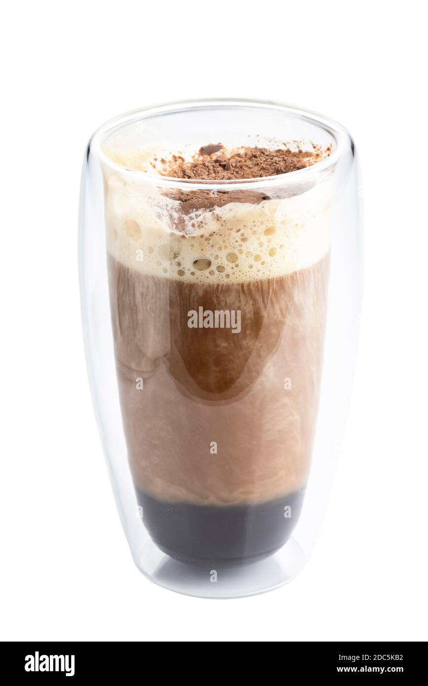layered milkshake with chocolate, coffee, whipped cream in a glass ...