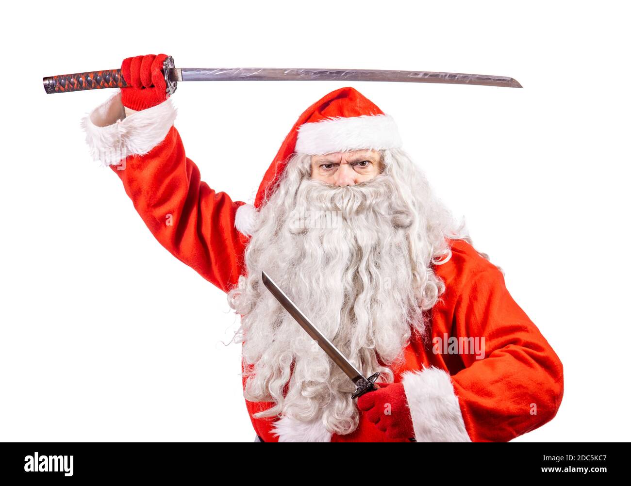 Santa Claus is armed with a samurai sword, isolated on a white ...