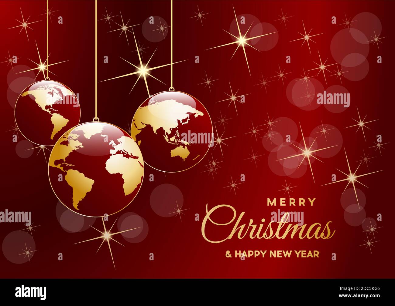 Christmas tree, vector postcard in red. Balls in the shape of planet ...