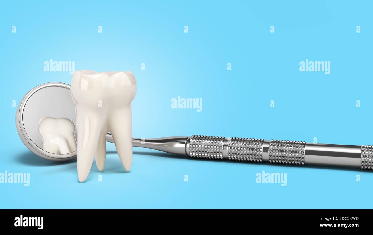 concept of hidden tooth in dental mirror 3d render on blue gradient ...