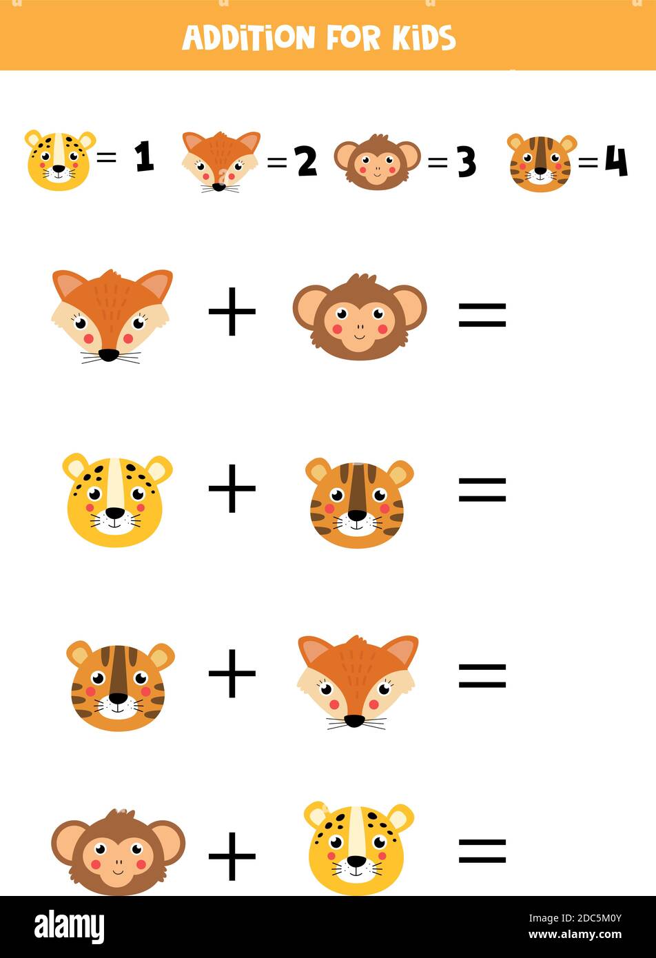 Addition with different animal faces. Educational math game for kids ...