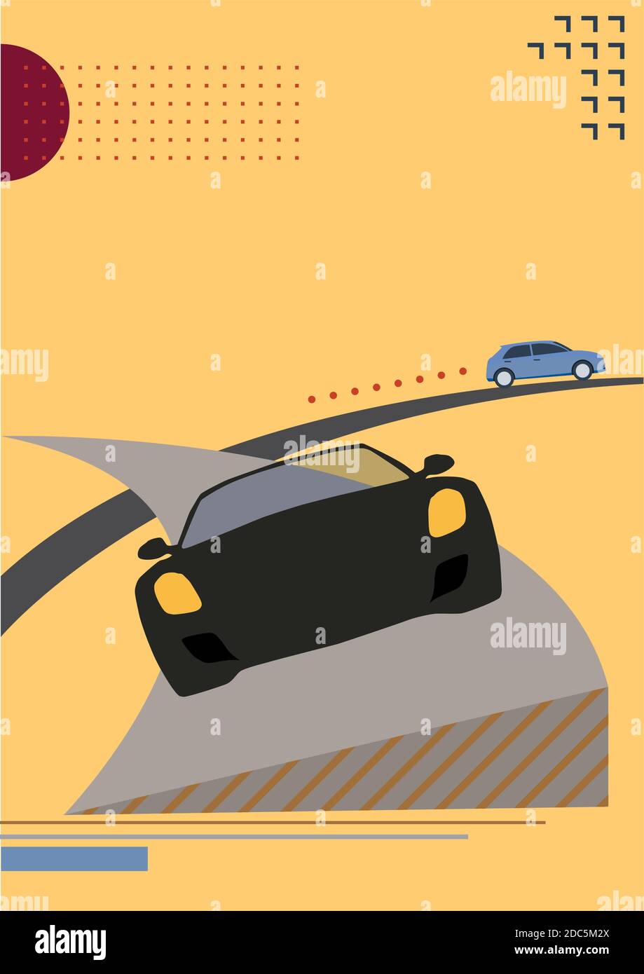 Car racing on the road. Vector vertical poster background in retro ...