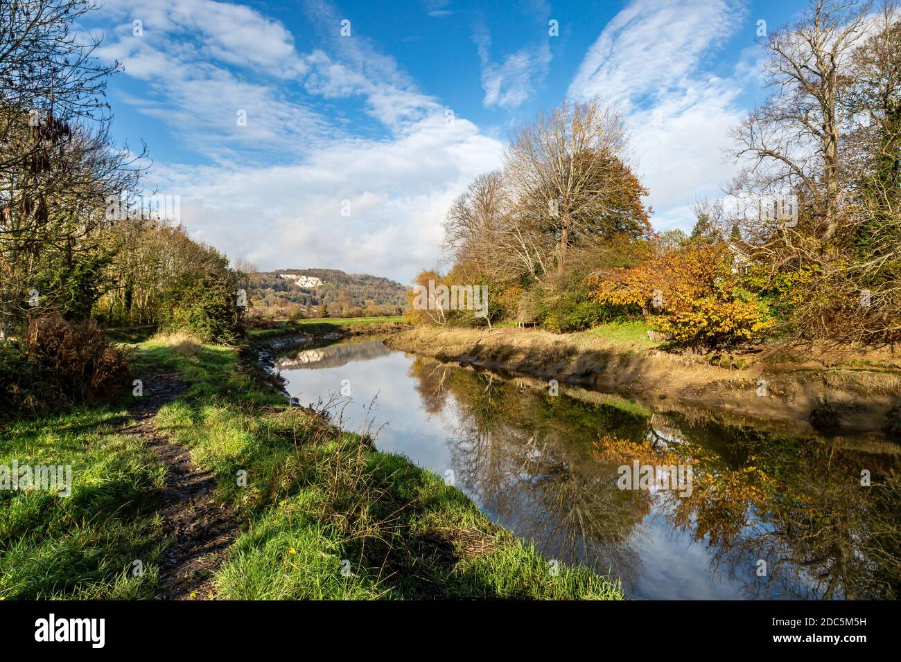 Looking along the River ouse near Lewes, in Sussex, on a sunny late ...